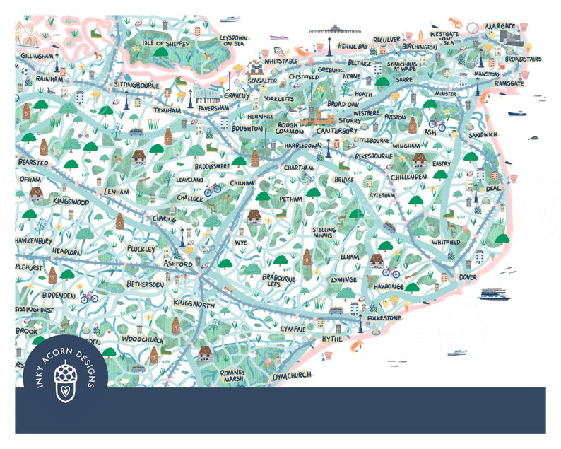 Kent Illustrated Map Unframed Art Print Available in A4 & A3 Sizes, Featuring Whitstable ...