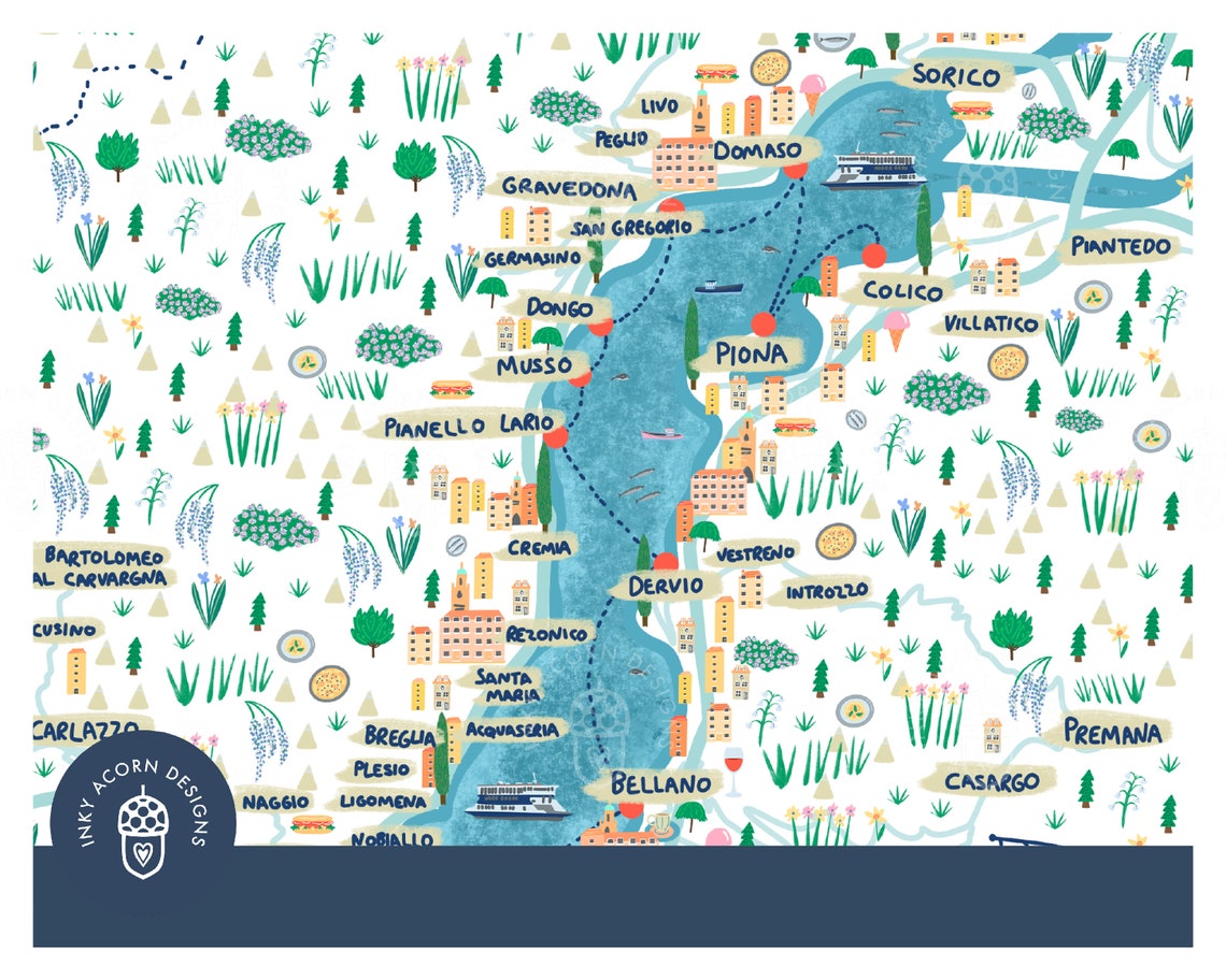 Illustrated Lake Como Map Unframed Art Print Available in A4 & A3 Size ...