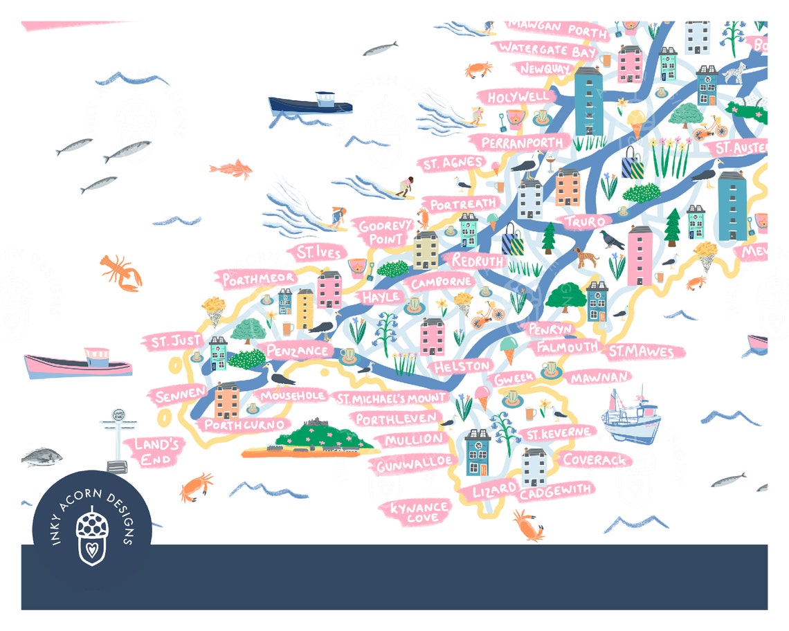 Cornwall Illustrated Map Unframed Art Print Available in A5, A4 & A3 ...