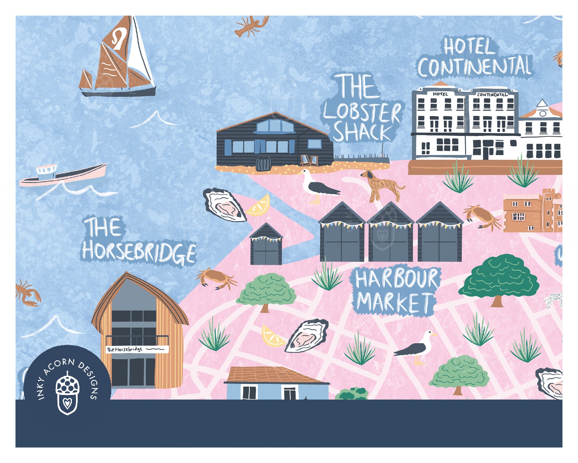 Illustrated Whitstable Map Unframed Art Print Available in A5, A4, A3 ...