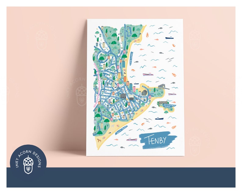 Illustrated Tenby Map Unframed Art Print Available in A5 - Etsy UK