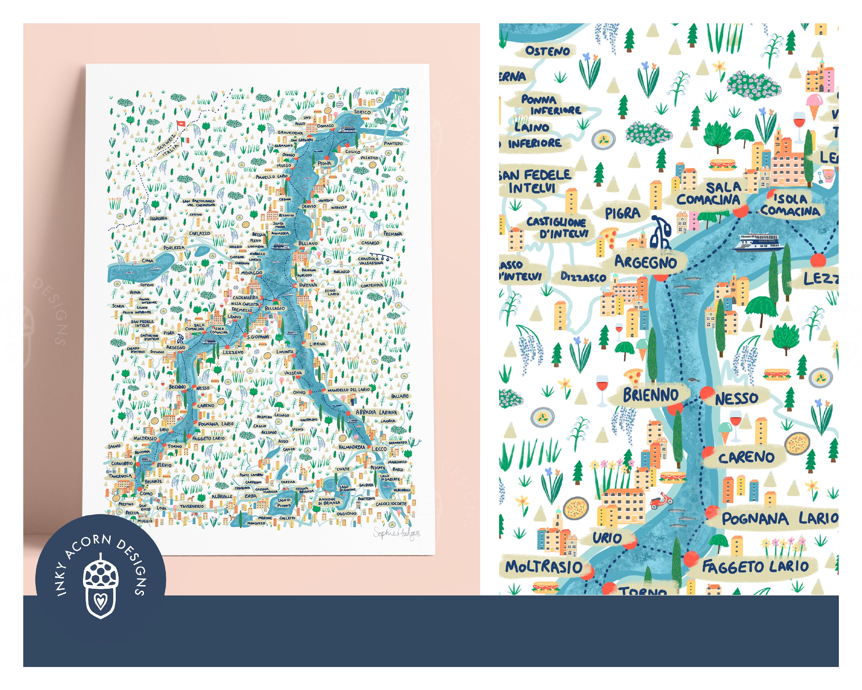 Illustrated Lake Como Map Unframed Art Print Available in A4 & A3 Size ...
