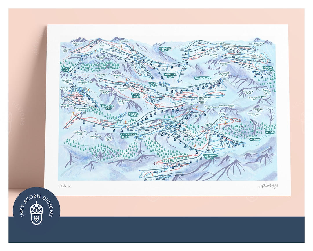 Illustrated St Anton Ski Piste Map With Ski Lifts and Gondolas Unframed ...