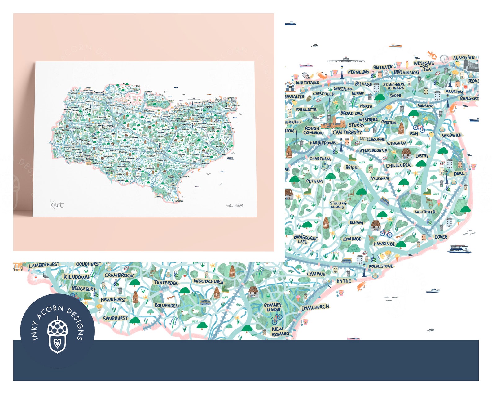 Kent Illustrated Map Unframed Art Print Available in A4 & A3 Sizes ...