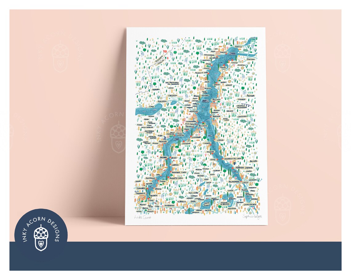 Illustrated Lake Como Map Unframed Art Print Available in A4 & A3 Size ...