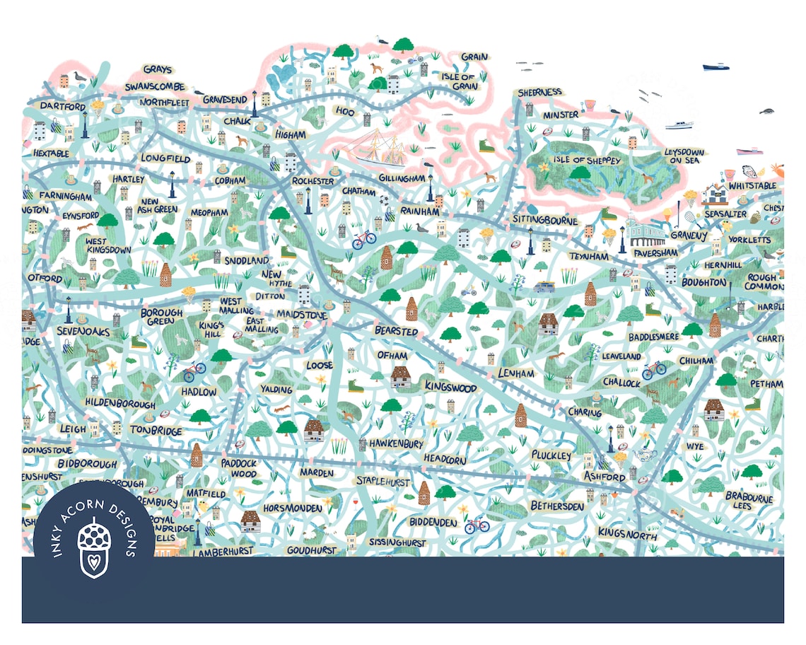 Kent Illustrated Map Unframed Art Print Available in A4 & A3 Sizes ...