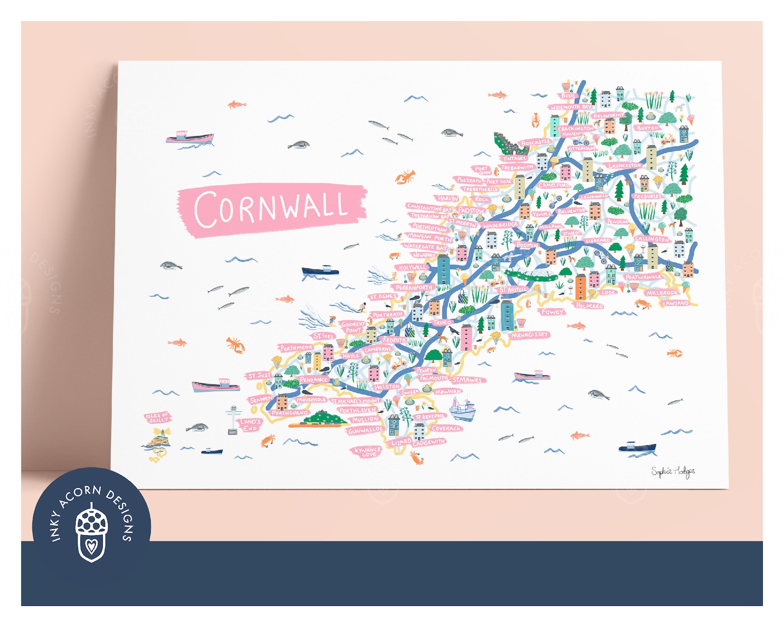 Cornwall Illustrated Map Unframed Art Print Available in A5, A4 & A3 ...