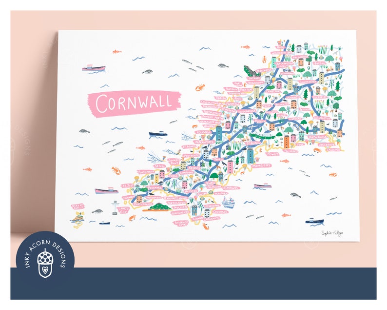 Cornwall Illustrated Map Unframed Art Print Available in A5, A4 & A3 ...