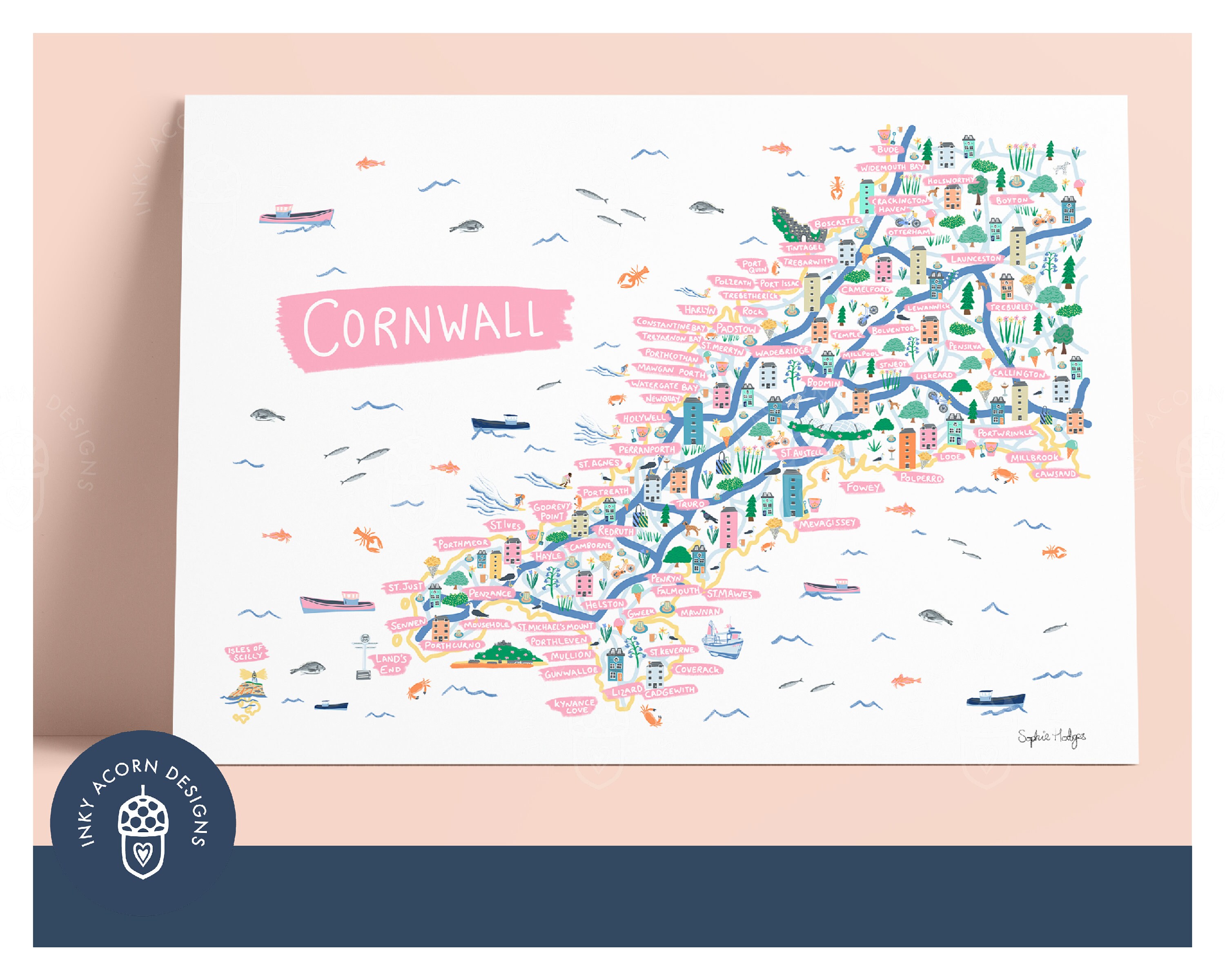 Cornwall Illustrated Map Unframed Art Print Available in A5, A4 & A3 ...
