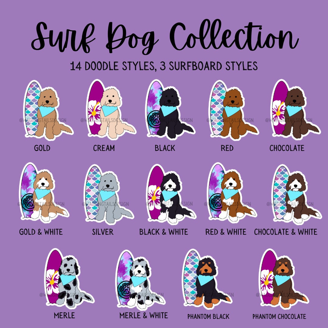 Summer Surf Doodle Dog Sticker // Many Color Options Available // Sold ...
