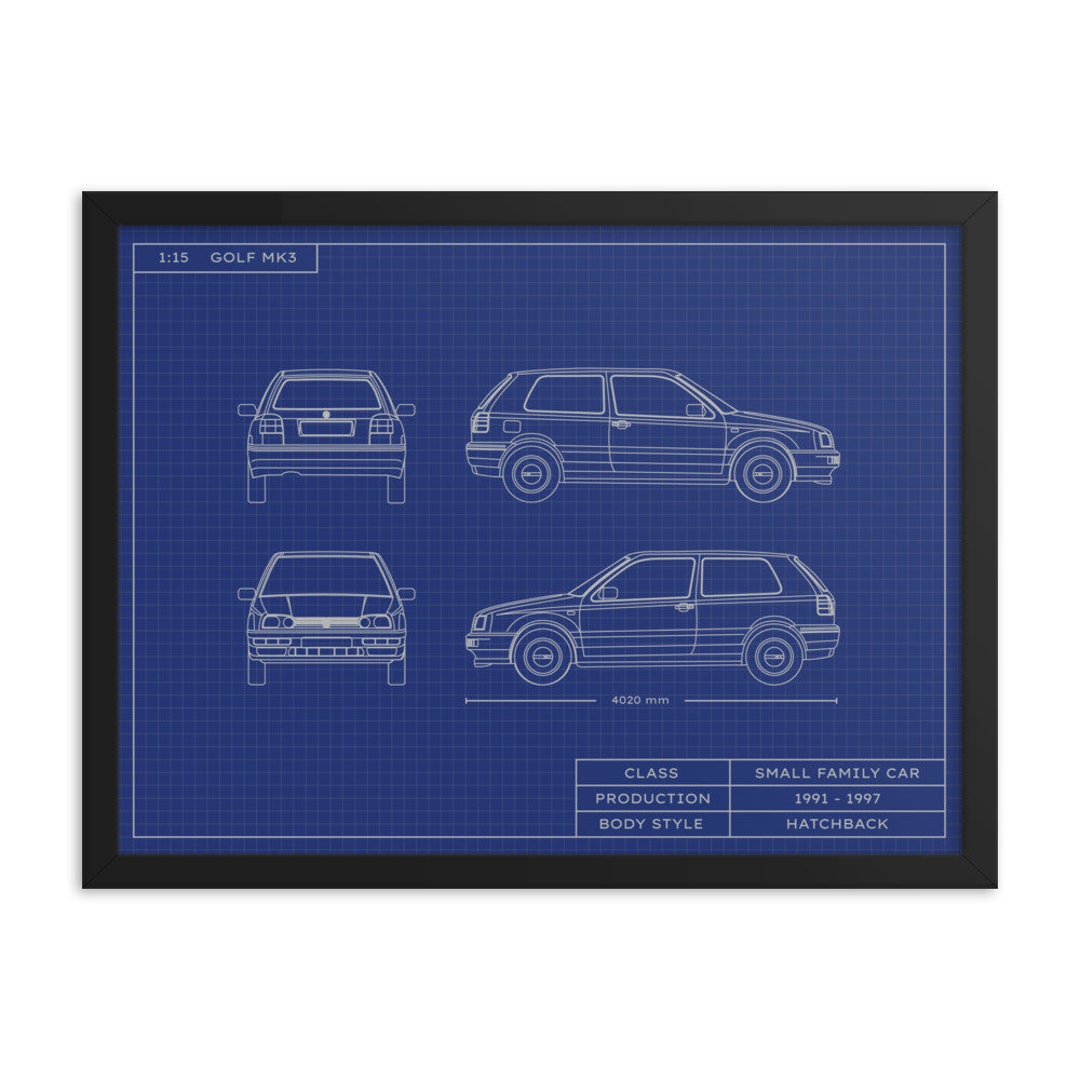 Golf MK3 1:15 Scale Blueprint Framed Poster - Etsy