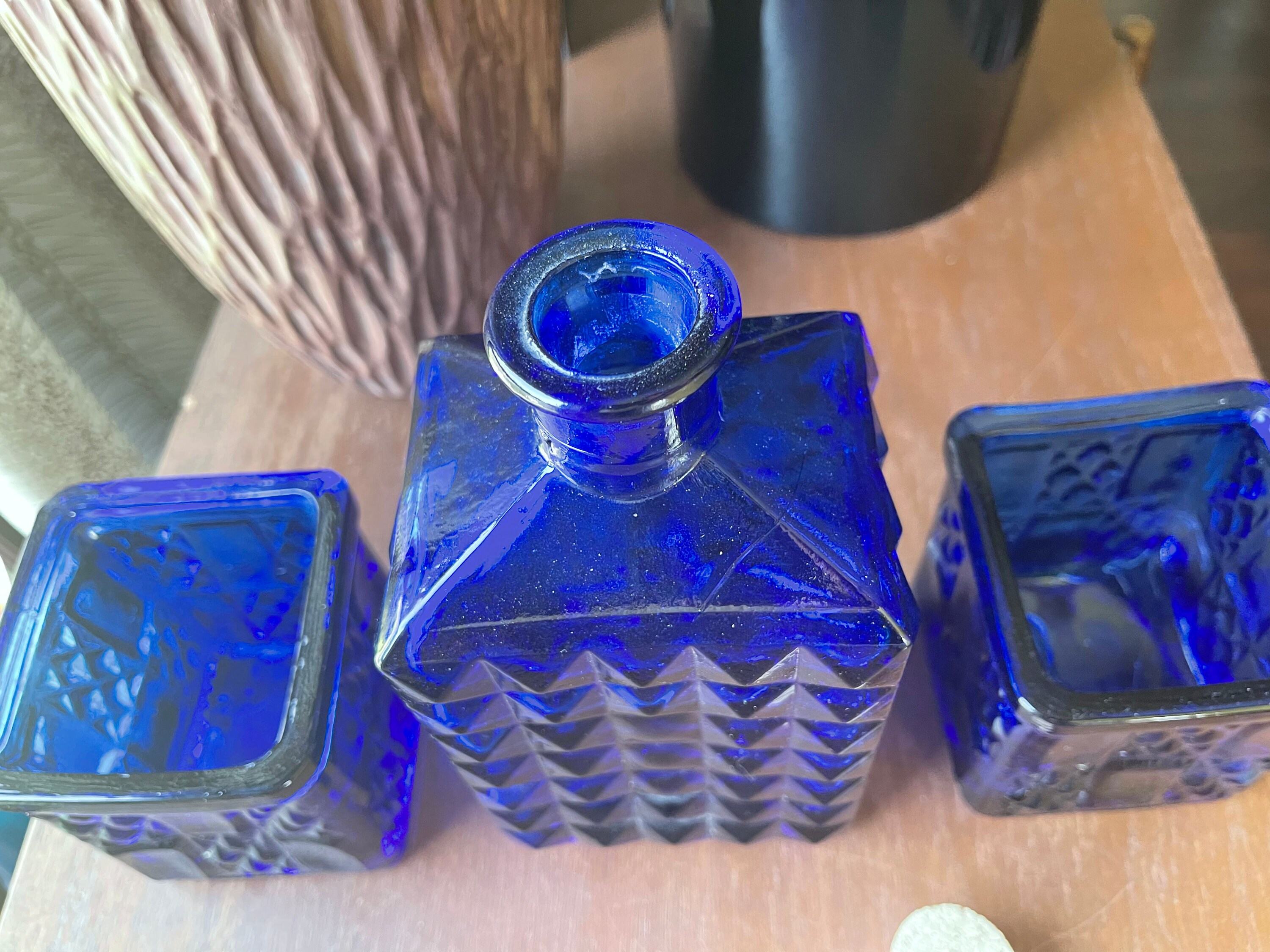 Rosenthal Netter Cobalt Blue Glass Bottle Decanter & Candle Holders Lot ...