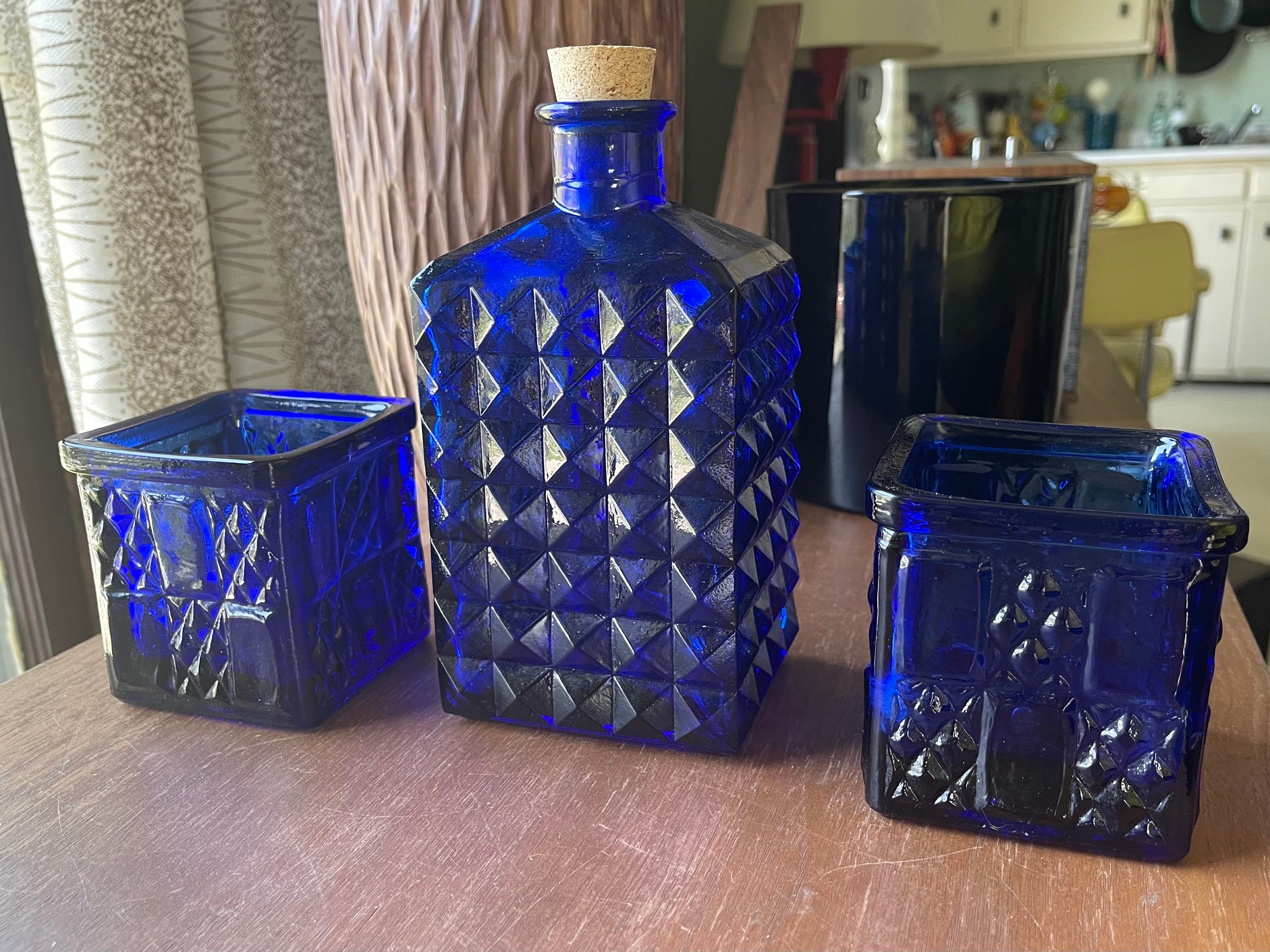 Rosenthal Netter Cobalt Blue Glass Bottle Decanter & Candle Holders Lot ...
