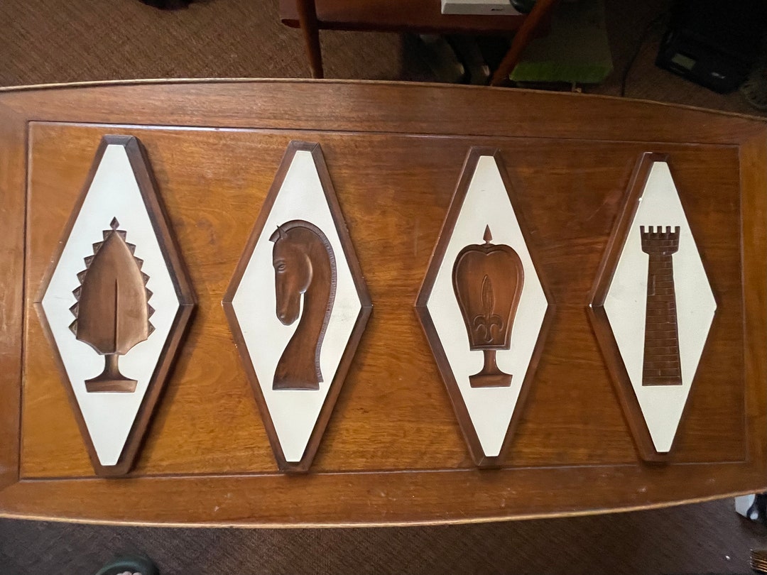 Vintage MCM Original Diamond Shape Carved Chess Pieces Wall Art ...