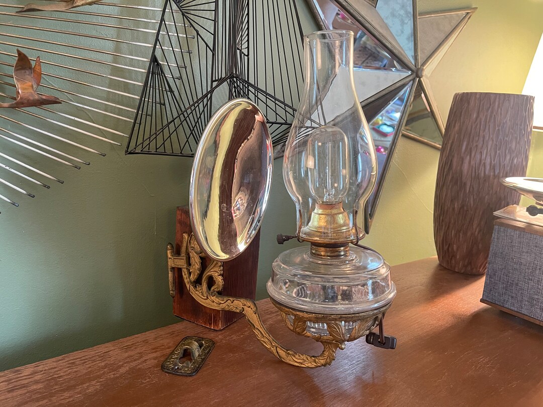 Antique Kerosene Oil Lamp With Cast Iron Wall Mounting and Mercury ...