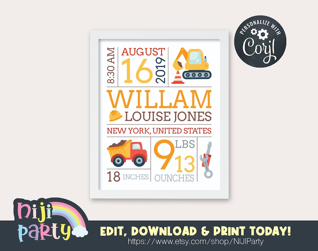 Editable Construction Birth Stats Wall Art, Birth Announcement, Nursery ...
