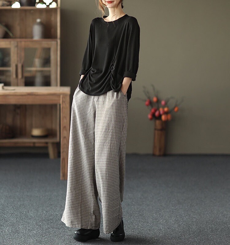 Women Plaid Pants Wide Leg Linen Pants Elegant Plus Size - Etsy