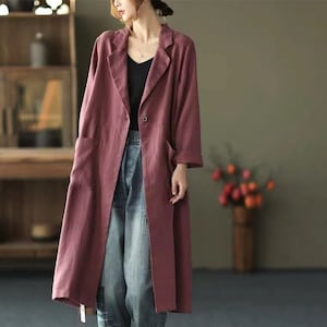 100% Linen Coat Burgundy Long Linen Duster Washed Linen Cardigan Linen ...