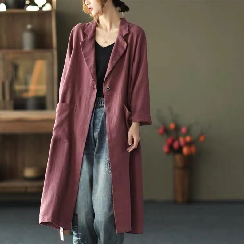 100% Linen Coat Burgundy Long Linen Duster Washed Linen Cardigan Linen ...