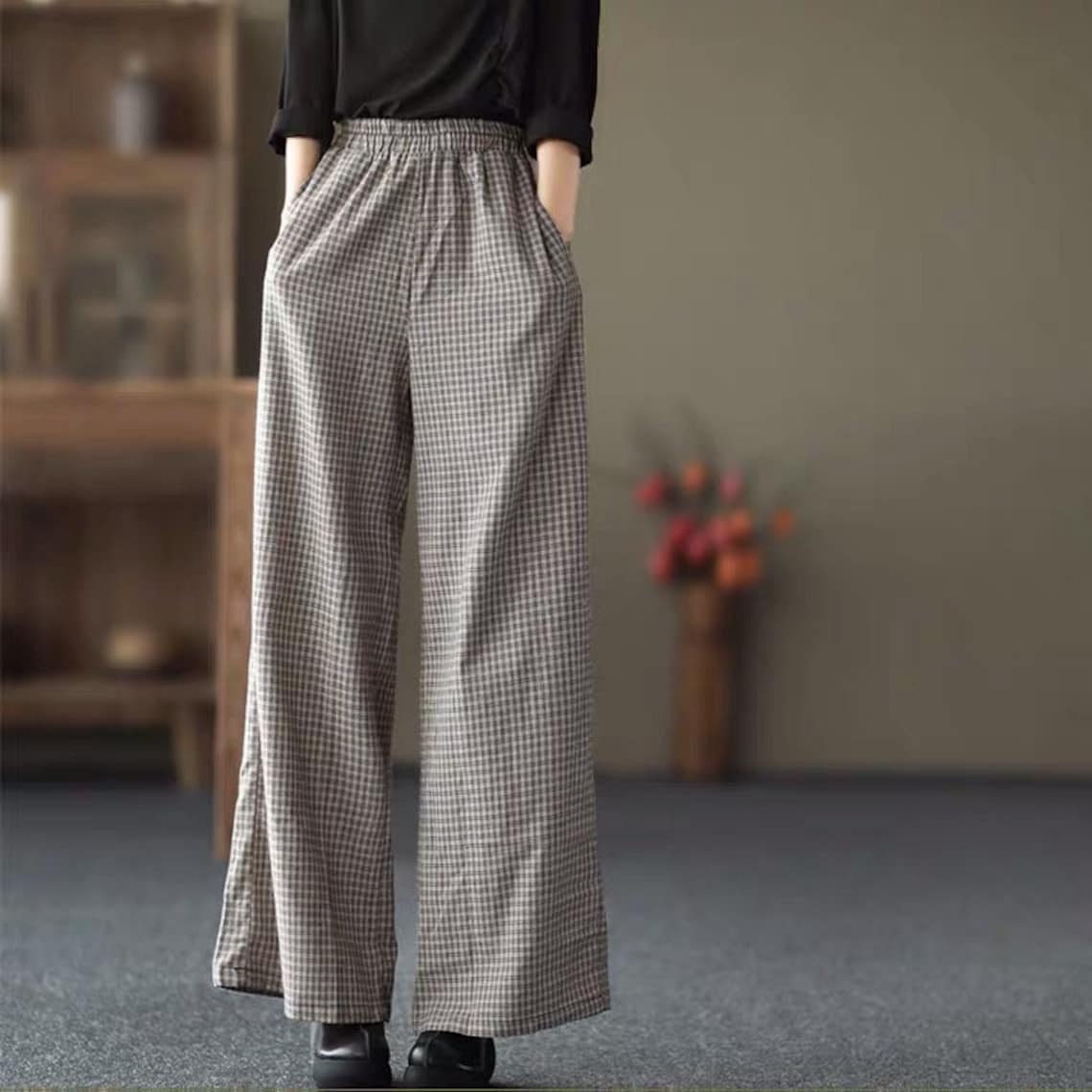 Women Plaid Pants Wide Leg Linen Pants Elegant Plus Size - Etsy