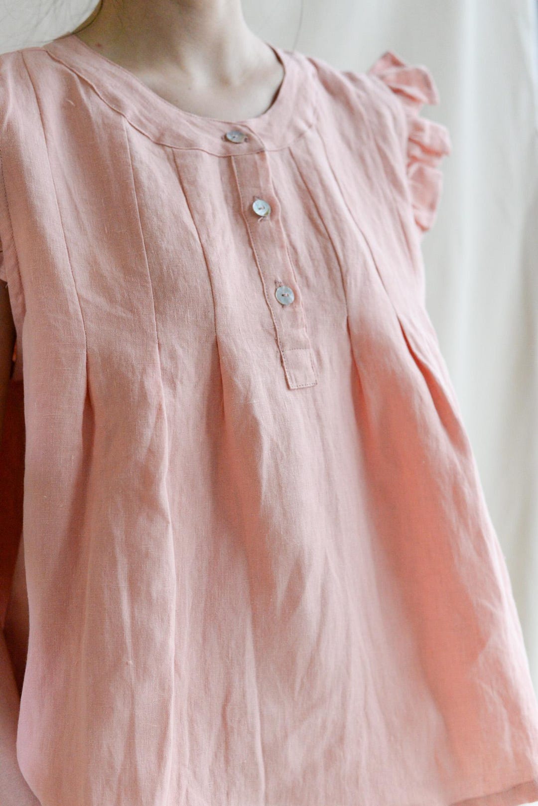 Boho Pink Linen Ruffle Top, Ruffle Sleeve Round Neck Top, Handmade ...