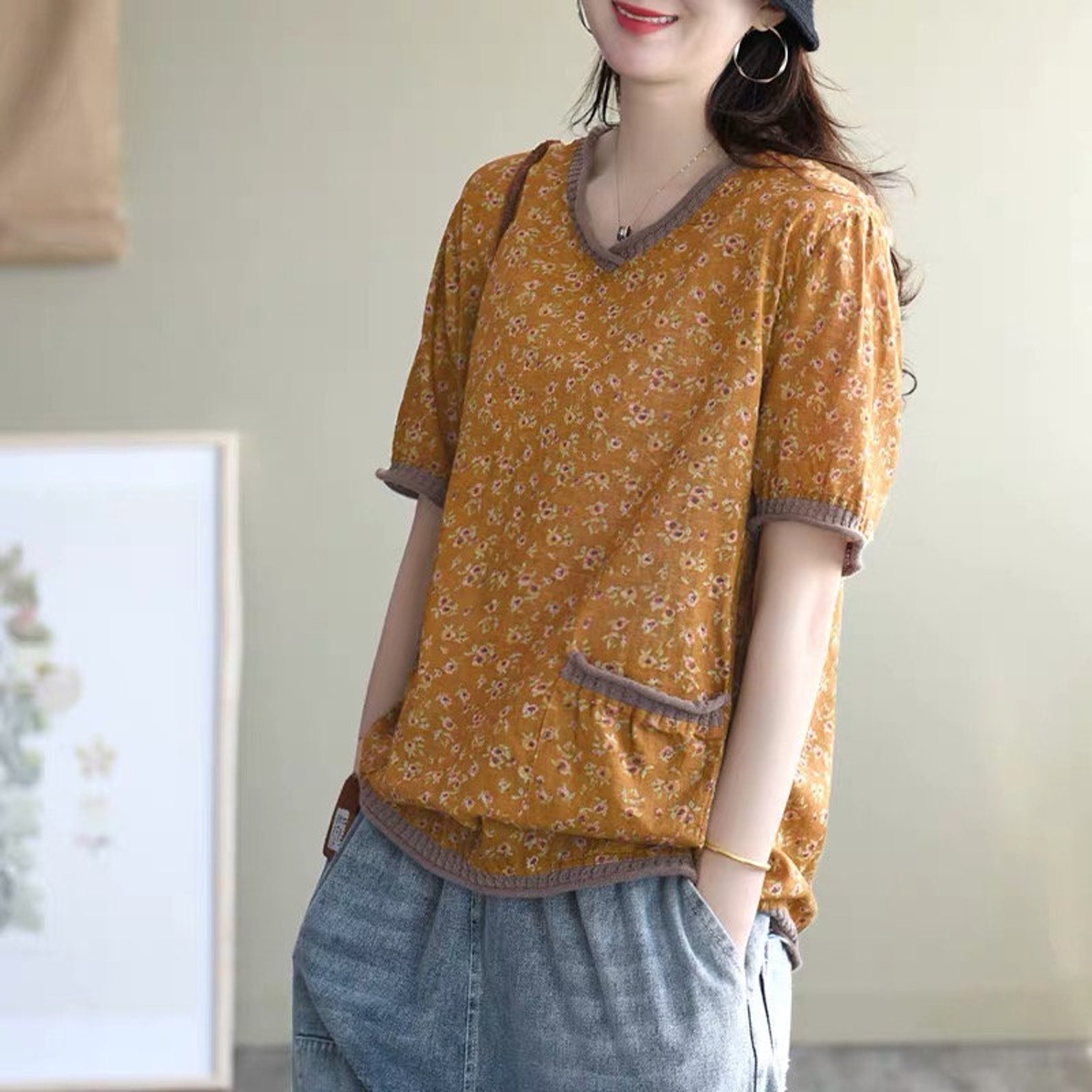 New Design Printed Linen Tops Short Sleeves Tunics Tee - Etsy