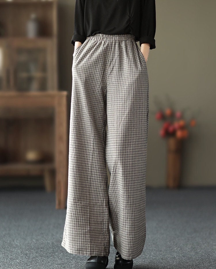 Women Plaid Pants Wide Leg Linen Pants Elegant Plus Size - Etsy