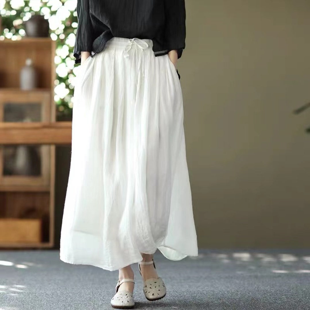 Women Linen Skirts, Elastic Waist Linen Skirt, Summer Casual White ...
