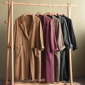 100% Linen Coat Burgundy Long Linen Duster Washed Linen Cardigan Linen ...