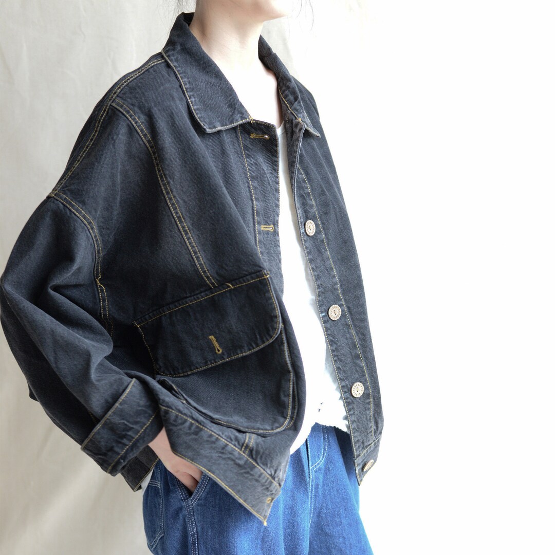 Women Black Denim Jackets With Big Pockets Trench Coat Vintage Coat ...