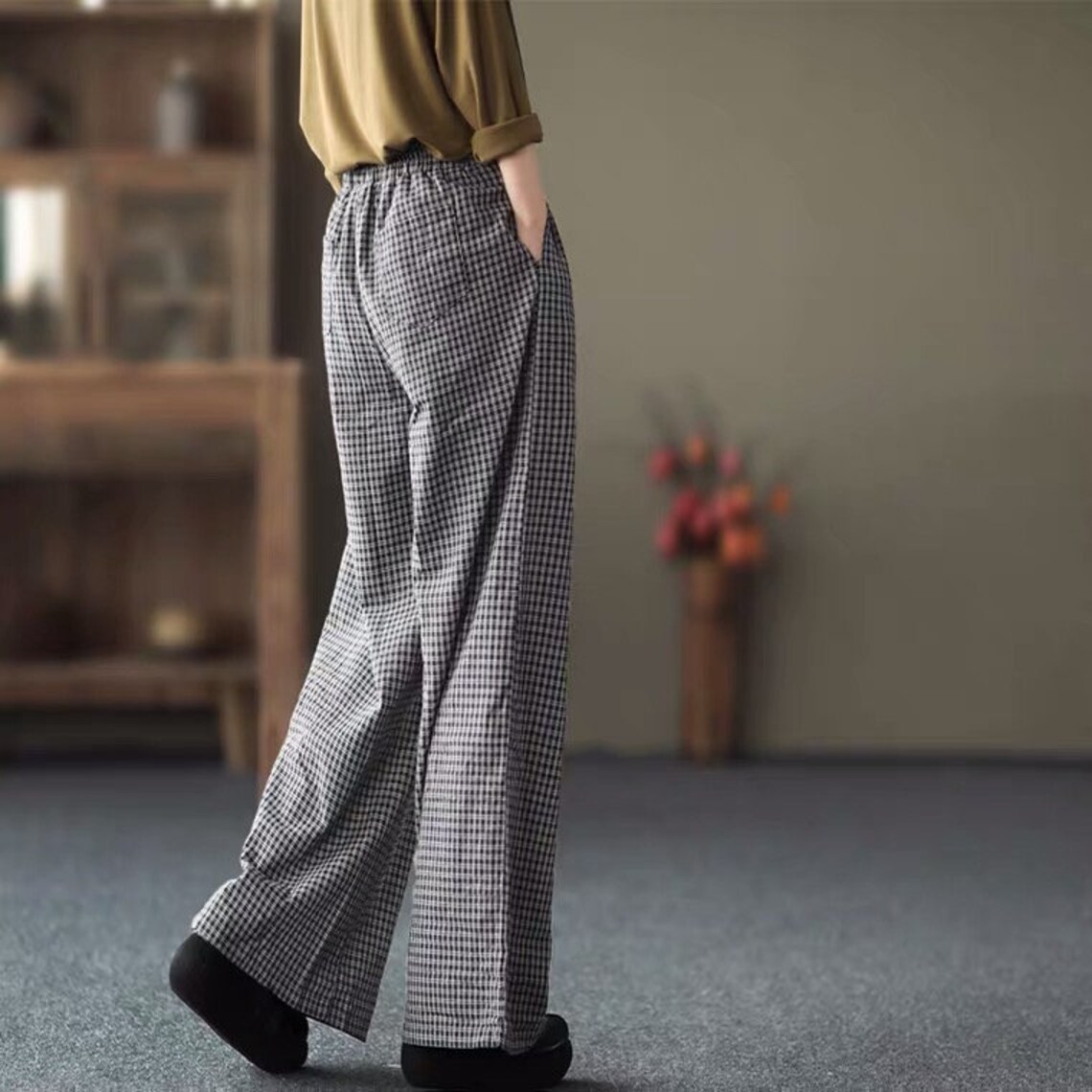 Women Plaid Pants Wide Leg Linen Pants Elegant Plus Size - Etsy