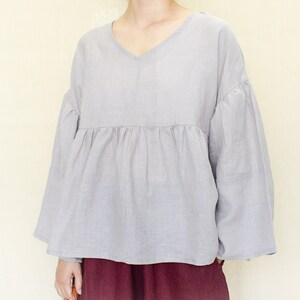 Women Linen Shirt Crop Top, Gray Lightweight Blouse V Neck Linen T ...