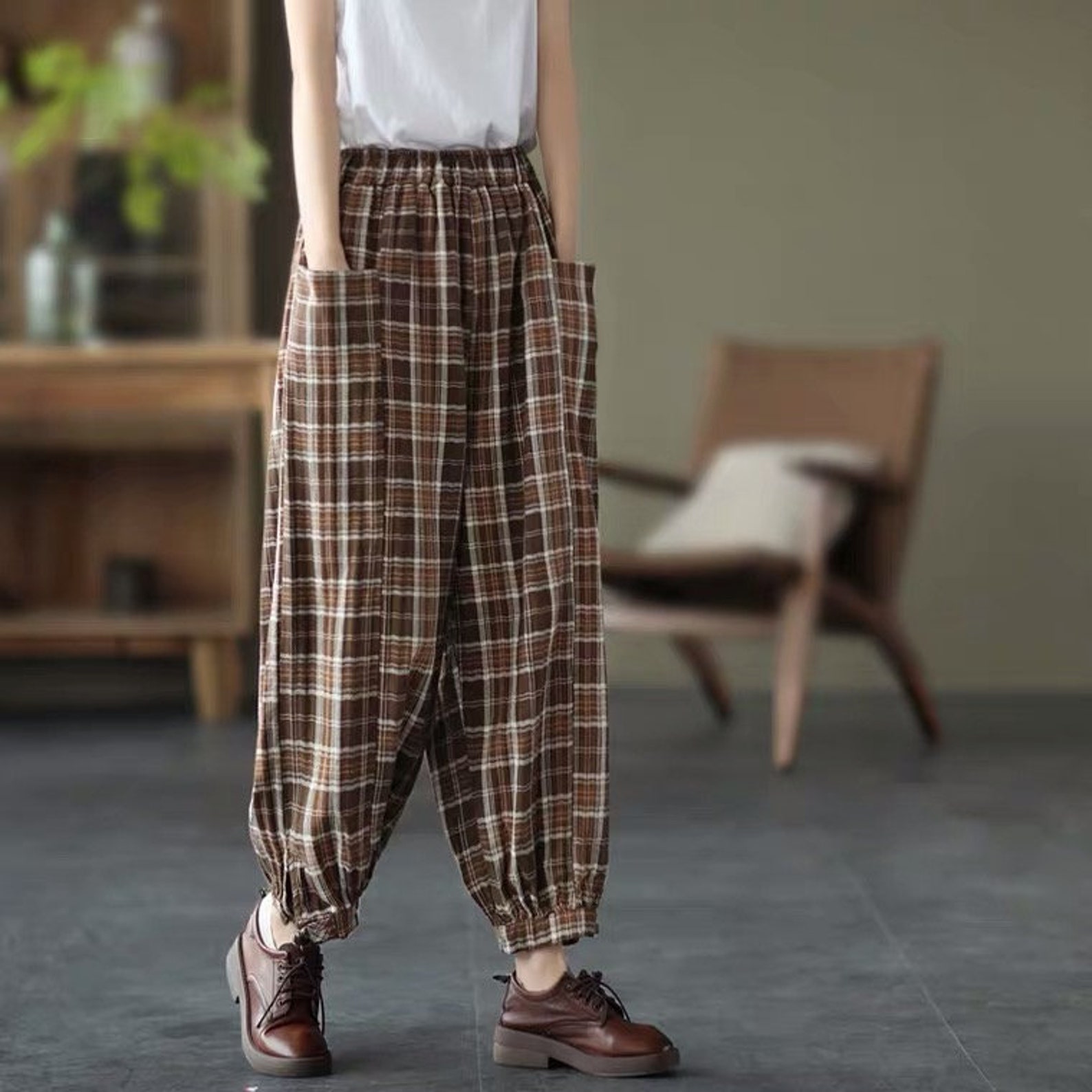 Women Bloomers Pants Cotton Plaid Pants Vintage Pants | Etsy
