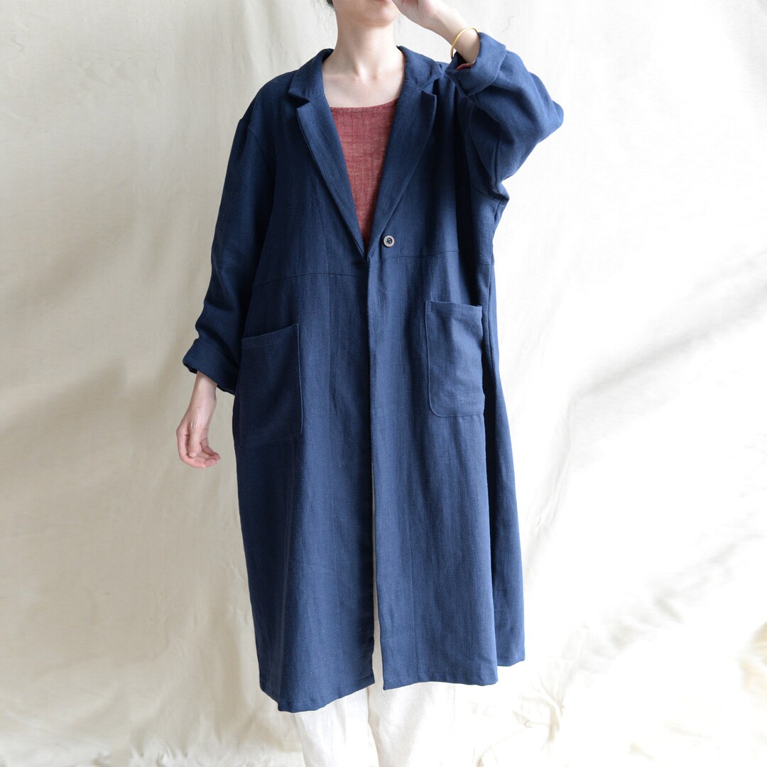 Navy Blue Linen Coat Comfy Linen Duster Washed Linen Beige Cardigan ...