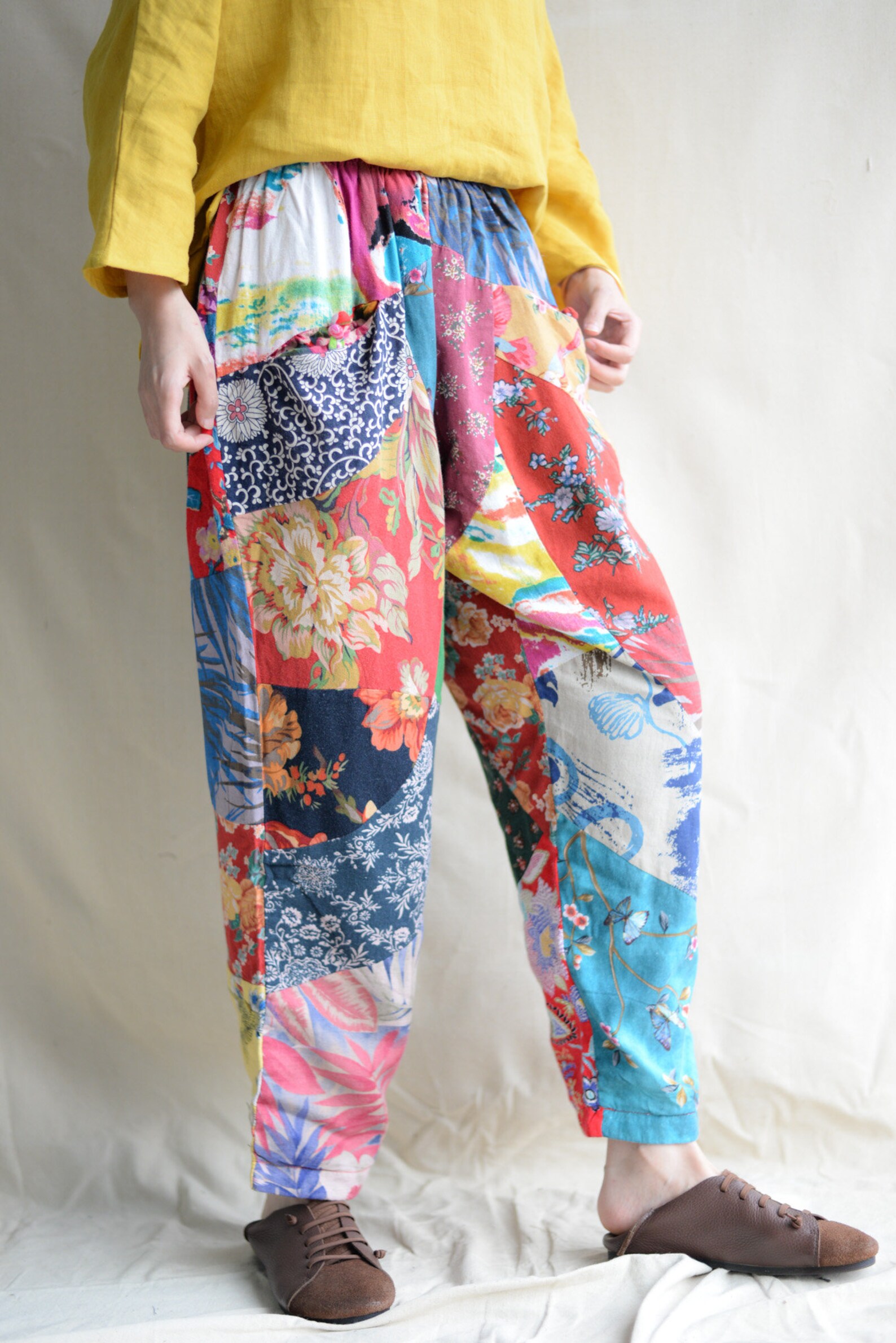Women Hand Made Splice Flower Linen Harlan Pants Fall Casual Pants ...