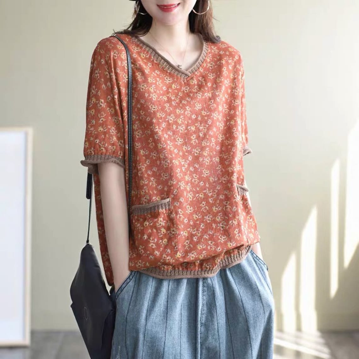 New Design Printed Linen Tops Short Sleeves Tunics Tee - Etsy