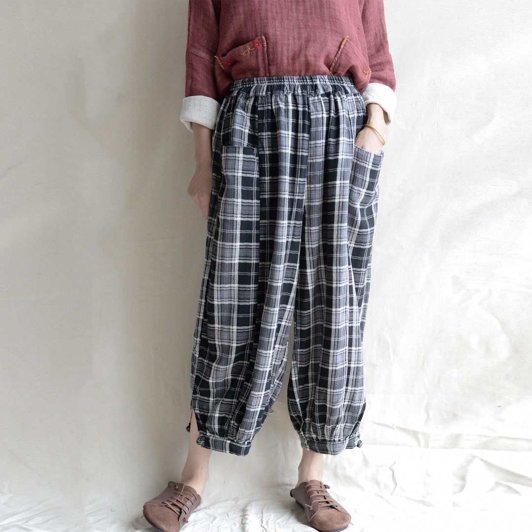 Retro Bloomers Pants for Women Linen Plaid Pants Handmade Oversized ...