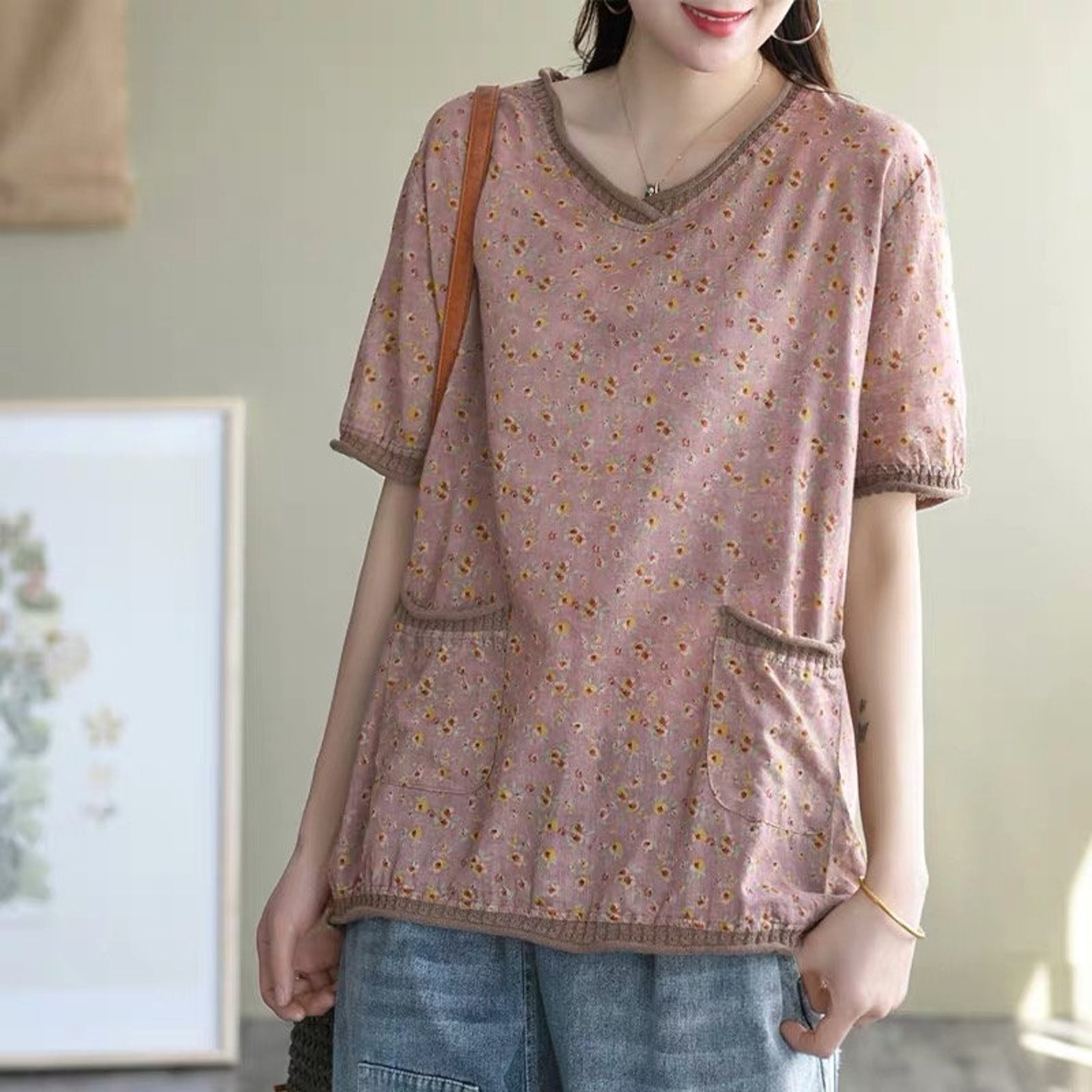 New Design Printed Linen Tops Short Sleeves Tunics Tee - Etsy