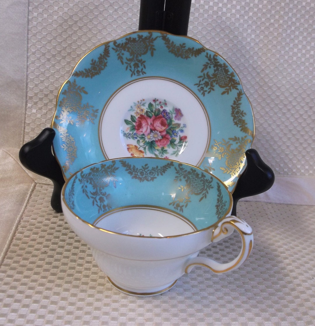 Foley EB 1850 England Blue Bone China Teacup Set Gold Filigree Foral ...