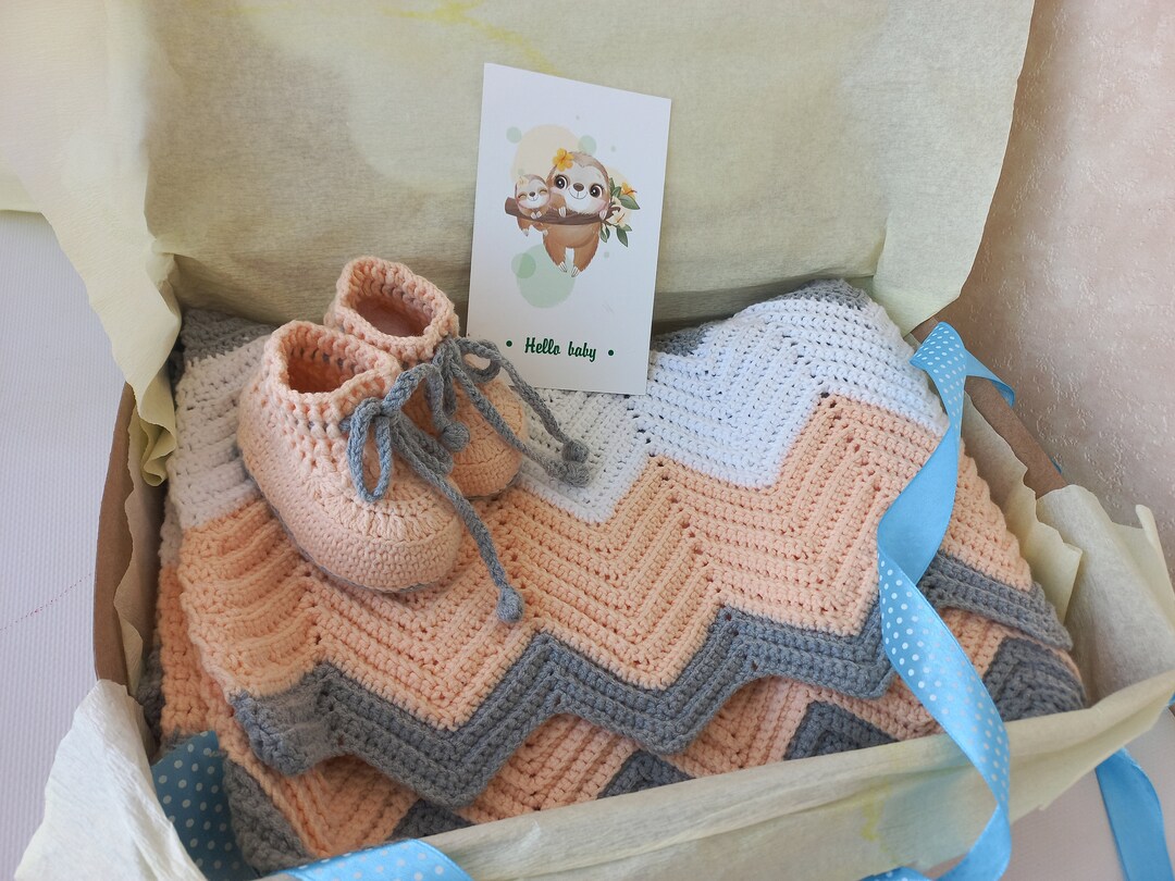 Chevron Blankets and Booties Set Handknit Baby Blanket Congrats ...