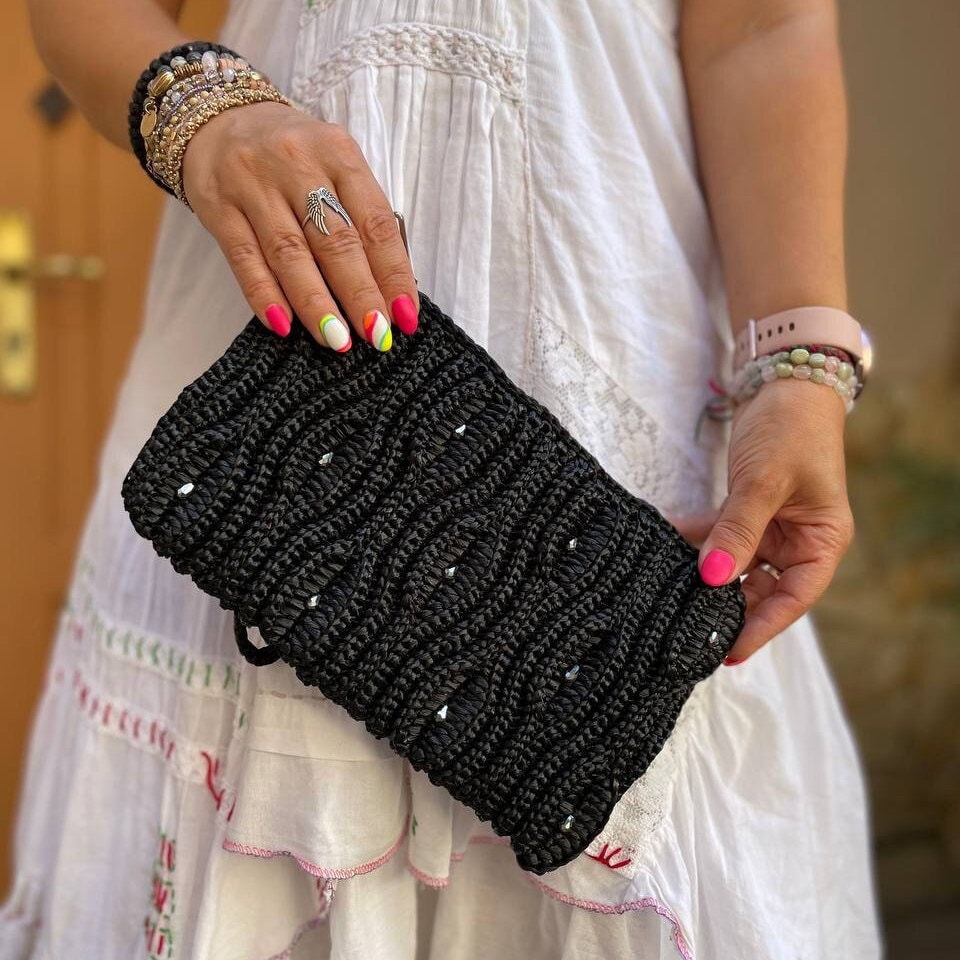 Crochet Raffia Bag Black Raffia Purse Straw Clutch Raffia Clutch Bag ...