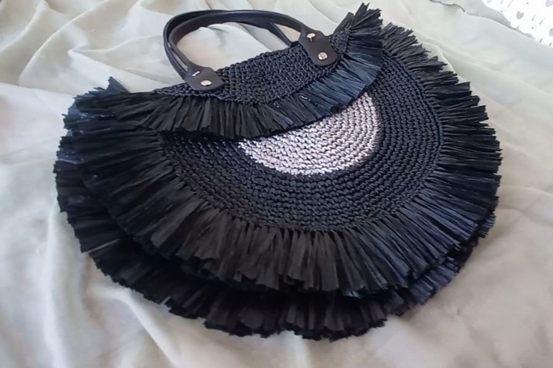 Black Raffia Bag Crochet Raffia Bag Straw Raffia Bag Designer Beach Bag ...