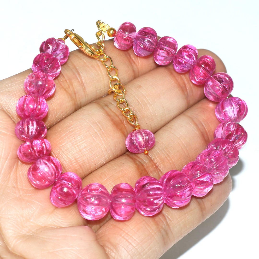 Aaaa+++rare Pink Sapphire Melon Beads Bracelet Sapphire Carved Rondelle ...