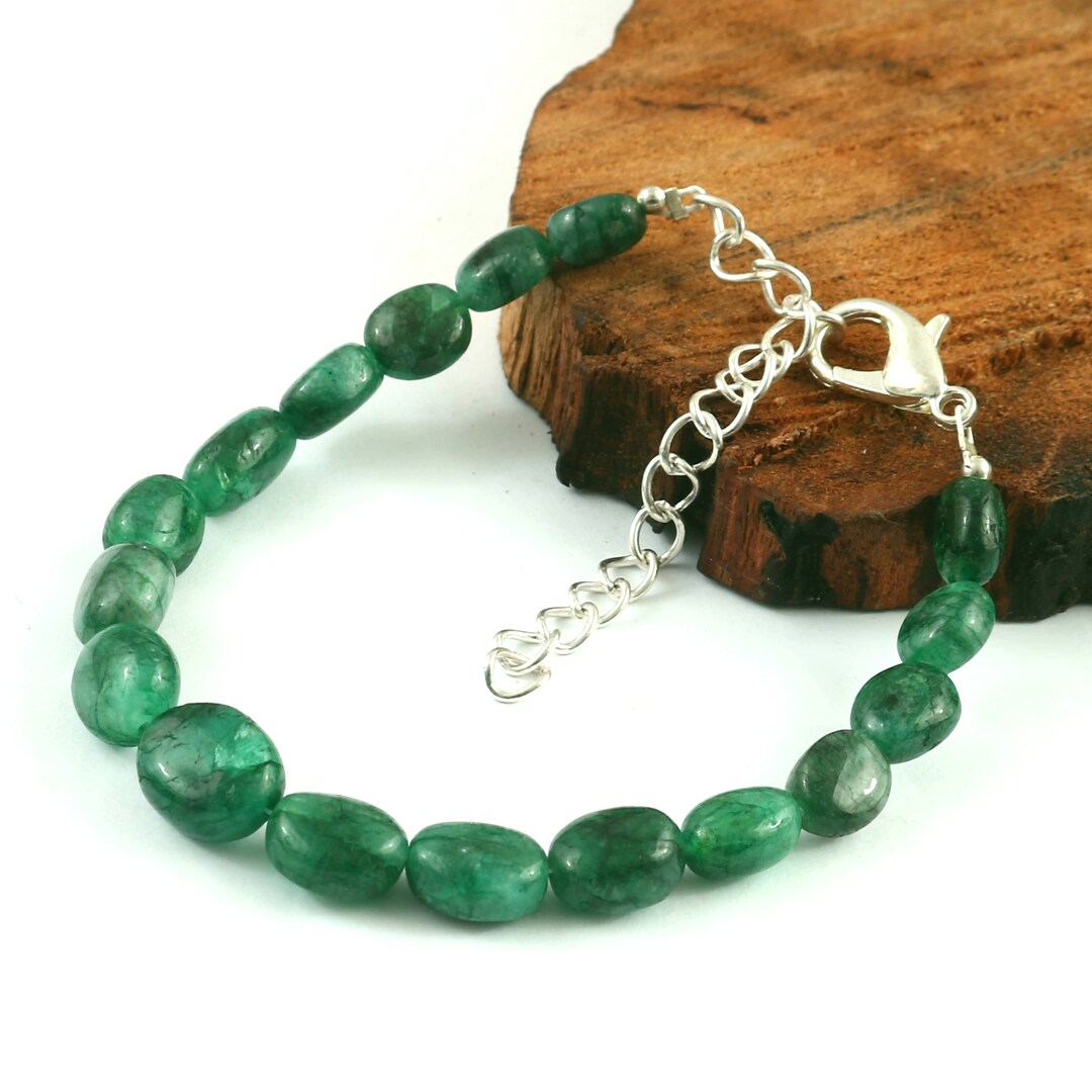 Natural Emerald Beryl Bracelet: Oval Green Gemstone Beads - Etsy