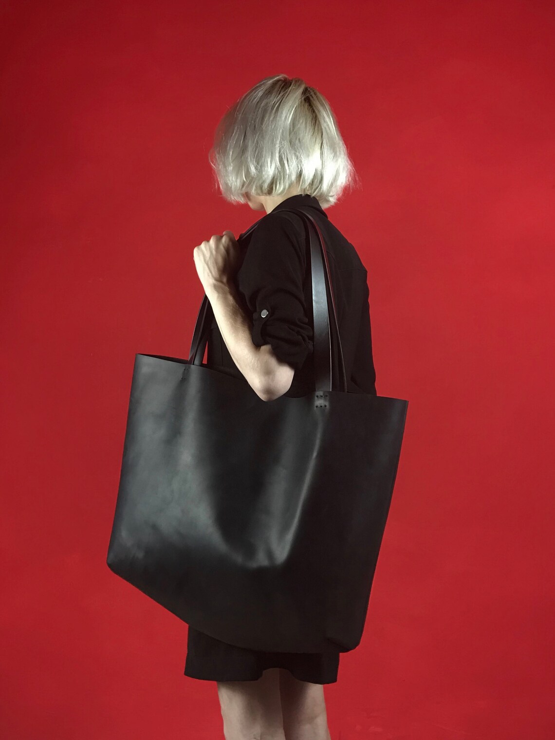 LARGE Leather Bag Black Shoulder Shopper Bag Leather Handbag - Etsy