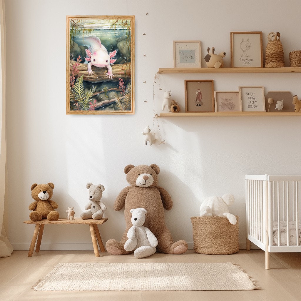Cute Axolotl Nursery Print. Watercolor Axolotl Kids Room Art. Baby Girl ...