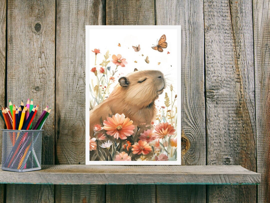 Baby Capybara With Butterfly Art Print on Canvas, Nursery Animal Wall ...