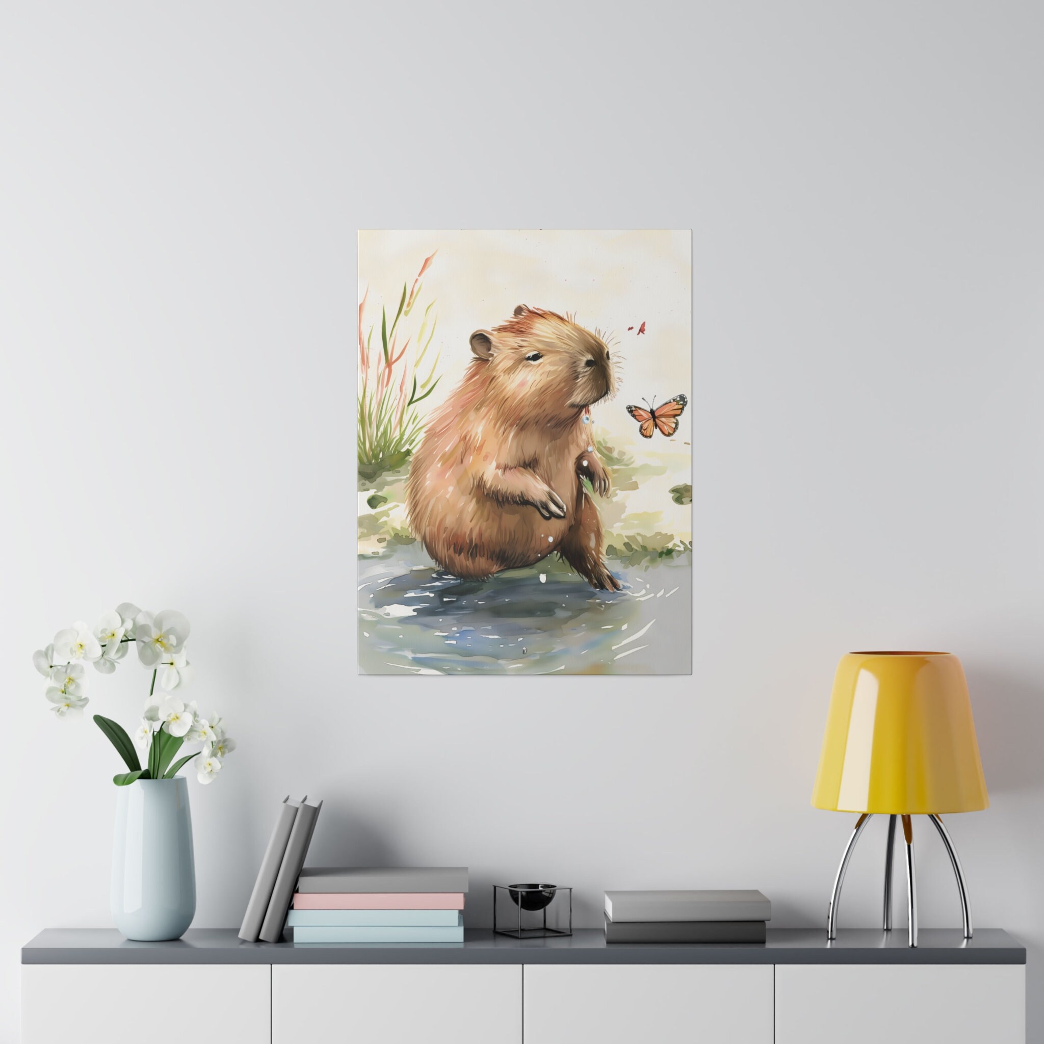 Cute Capybara With Butterfly Art Print on Canvas, Nursery Animal Wall ...