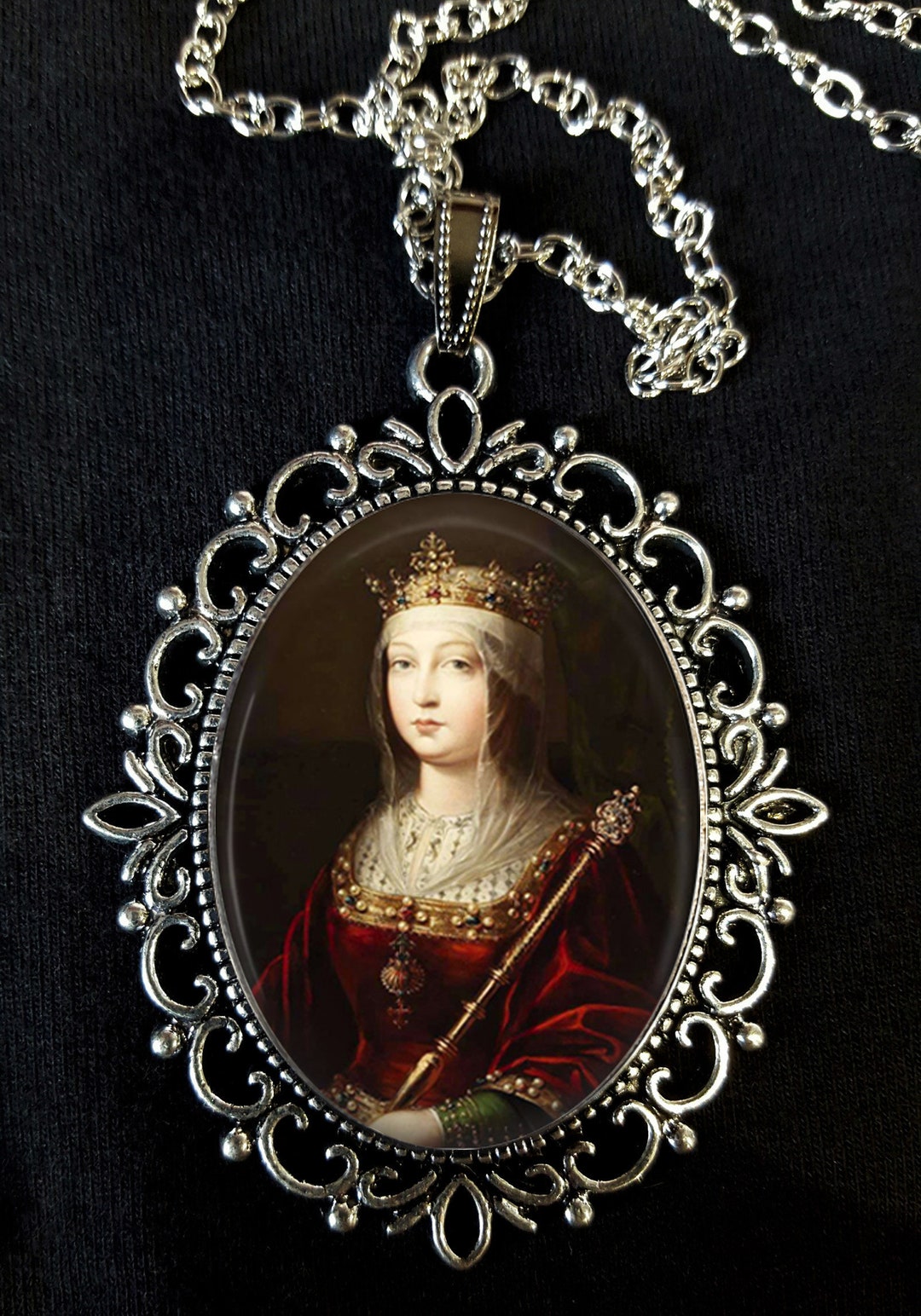 Queen Isabella of Castille Large Antique Silver Pendant Necklace ...