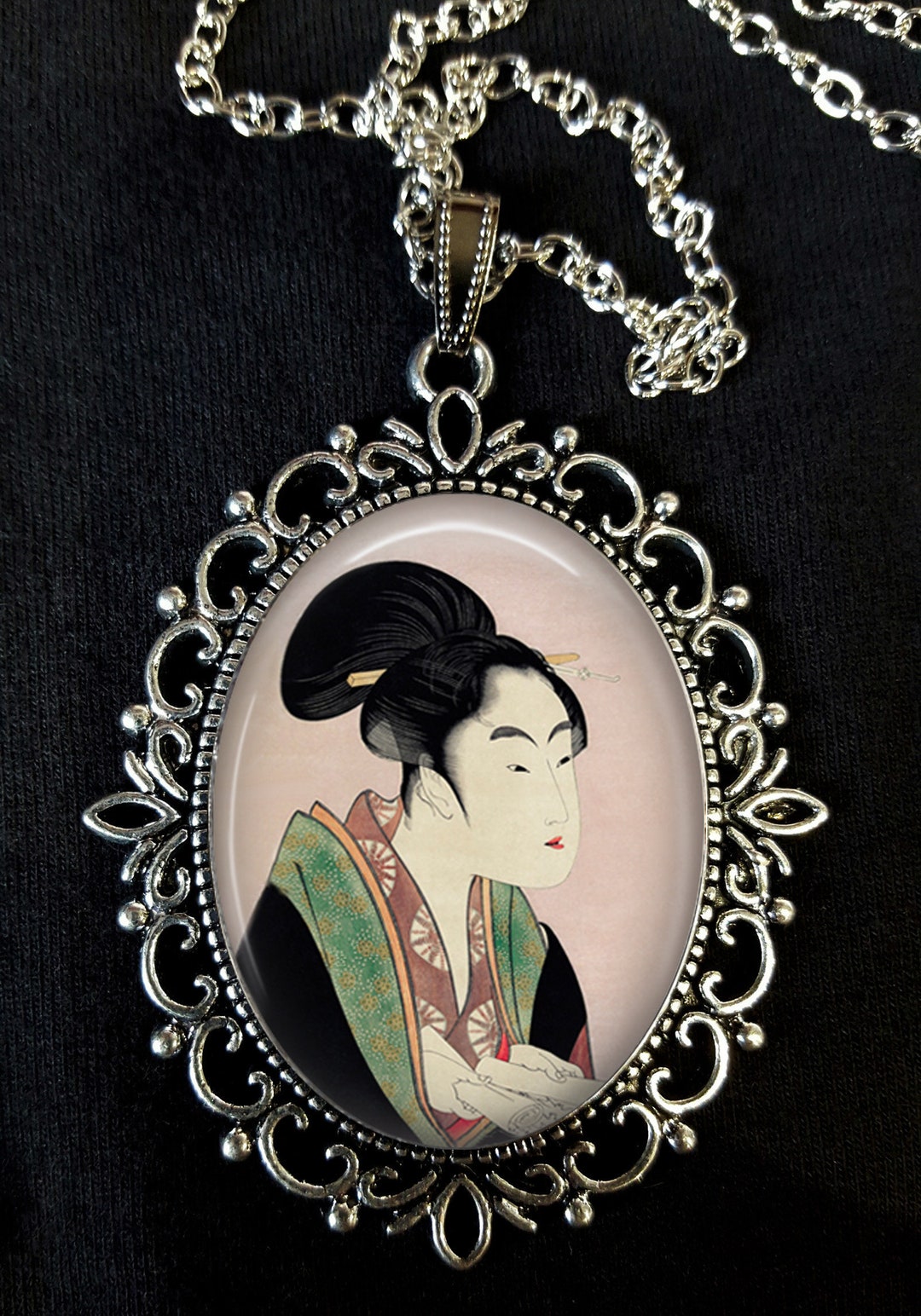 Utamaro Kitagawa Yogoto Ni Au Koi Ichi Large Antique Silver Pendant ...